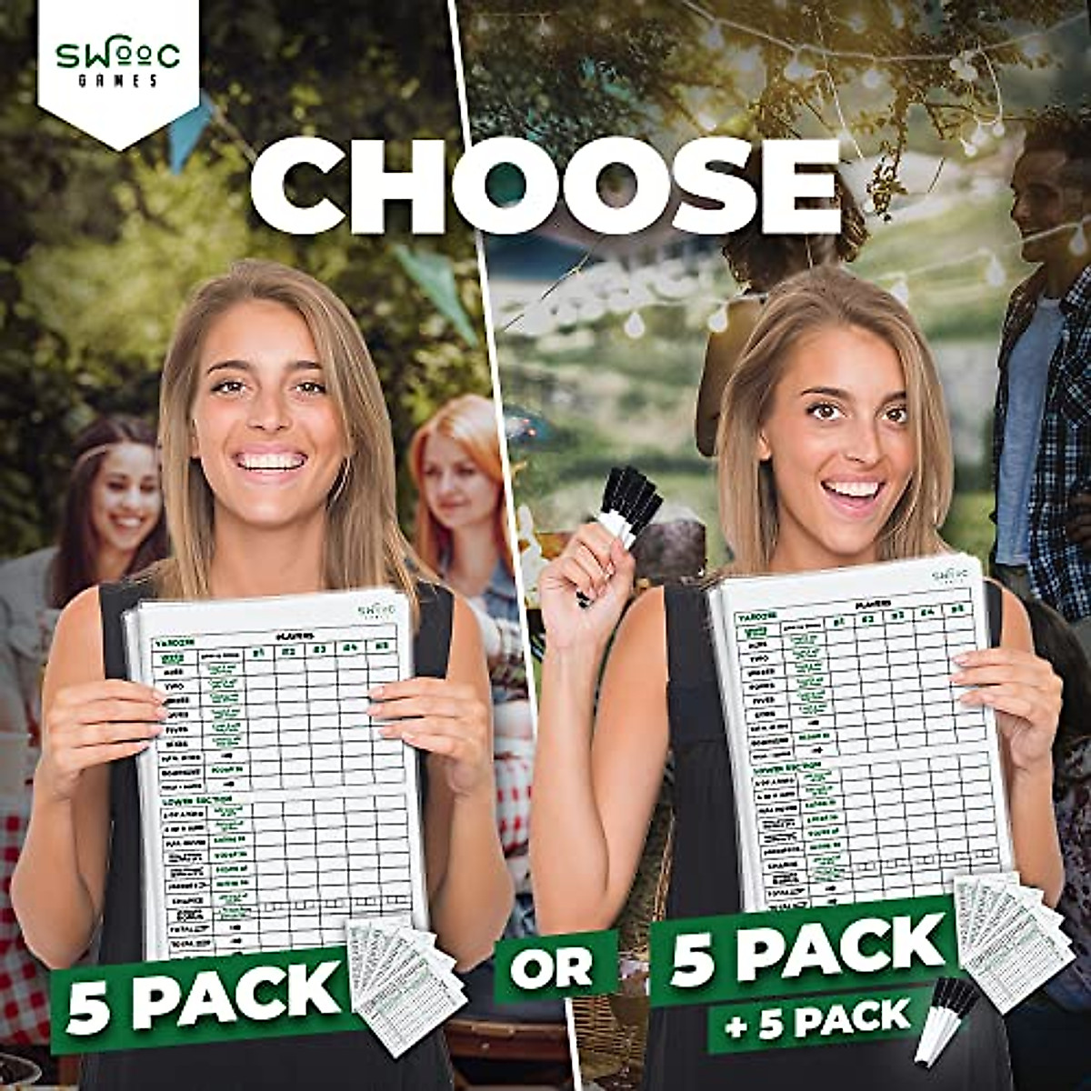 SWOOC Games - 5 Big Laminated Yardzee & Farkle Score Cards (11.5in x 8in) with Rules - Large Reusable Dry Erase Pads for Giant Outdoor Dice Games - Jumbo Score Sheet for Yardzee and Farkle