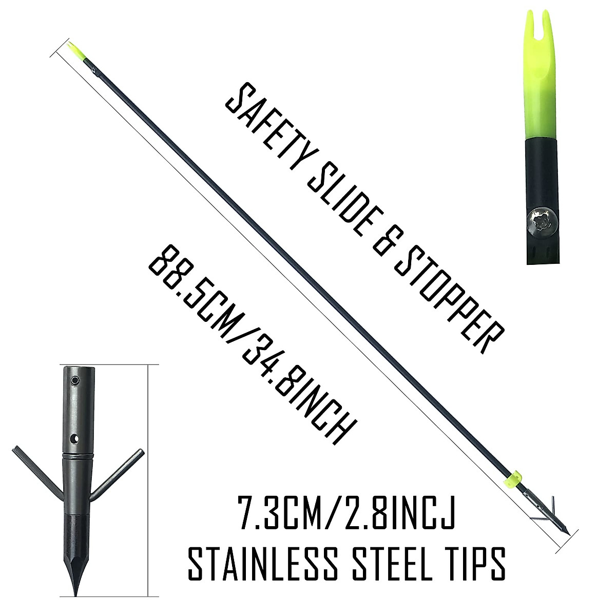 e5e10 Archery Bowfishing Arrows Hunting 34inch Solid Fiberglass Arrows with Broadhead for Compound Bow and Recurve Bow 6pcs (Black)