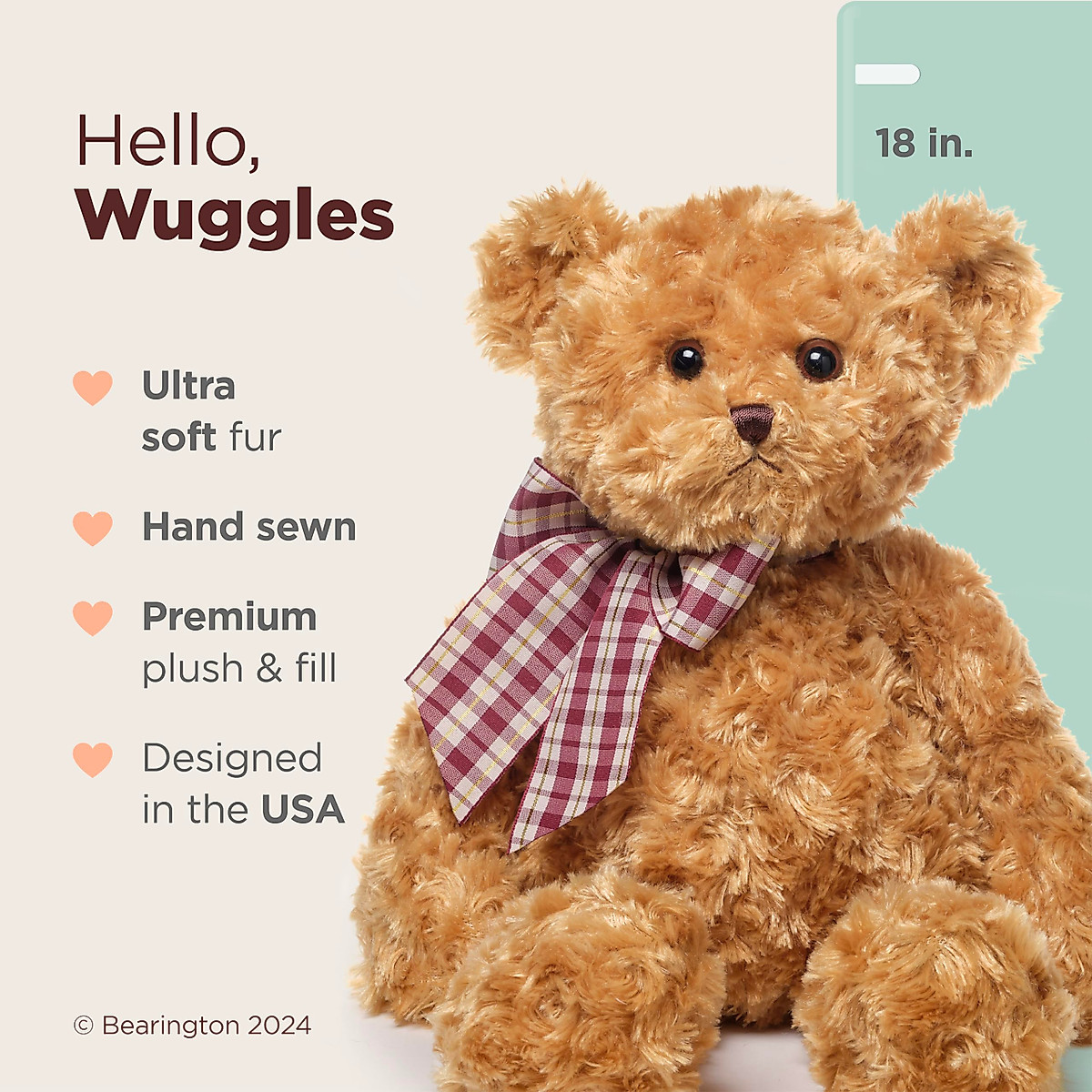 Bearington Collection Wuggles Teddy Bear 18 Inch Stuffed Animals & Teddy Bears - Vintage Teddy Bear - Old Fashioned Teddy Bear