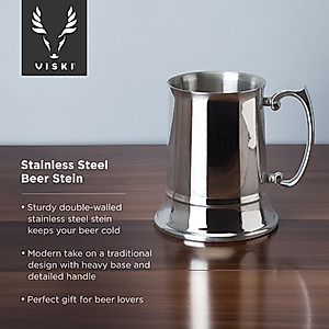 Viski Beer Mug, Metal Pint Glass with Handle, Double Walled Stein for Pilsners and Lagers, Stainless Steel 16 Oz Set of 1