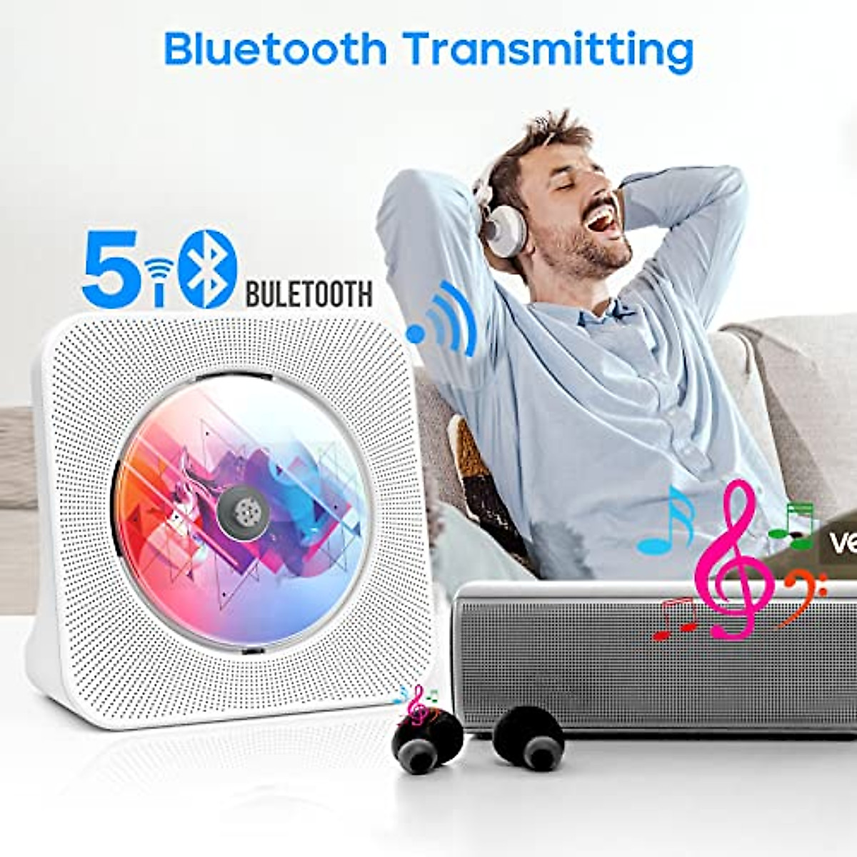 Desktop CD Player with Speakers, ROADOM CD Players for Home, Bluetooth CD Player with Hi-Fi Stereo Sound,Remote Control,Supports CD/Bluetooth/FM Radio/U Disk/AUX/Timer/Repeat