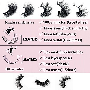 25MM Mink Eyelashes Wholesale Ninglash 10 Pack False Eyelashes, Christmas Gifts for Women Dramatic Real Mink EyeLashes, Thick HandMade Full Strip Lashes, Crueltyl Free Fluffy Lash, 3D Mink Lashes Bulk