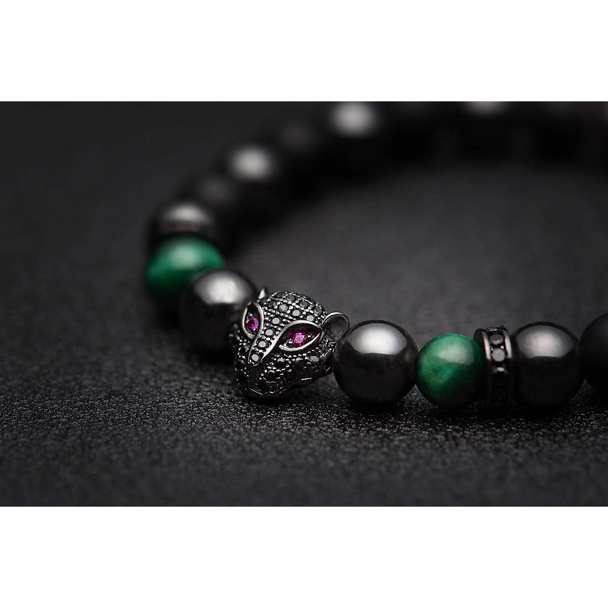 Karseer Black Panther Bracelet, Matte Onyx Natural Crystal and Magnetic Hematite Stone Beaded Elastic Bracelet, Handmade Semi-Precious Stone Jewelry Gift for Men and Women