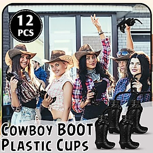 Hoolerry 12 Pcs 10 oz Plastic Cowboy Boot Cups with Straws and Lids Plastic Cowboy Cups for Western Themed Party Supplies and Rodeo Party Decorations (Black)