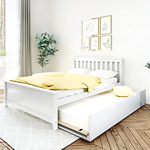 Max & Lily Full Bed, Wood Bed Frame with Headboard For Kids with Trundle, Slatted, White