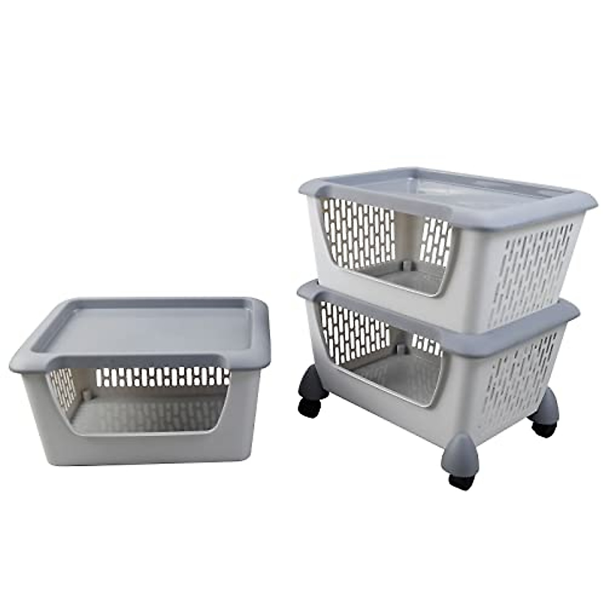 Vcansay 3 Tiers Plastic Large Stacking Organizer Baskets with Lid, Plastic Stacking Bins with Wheels