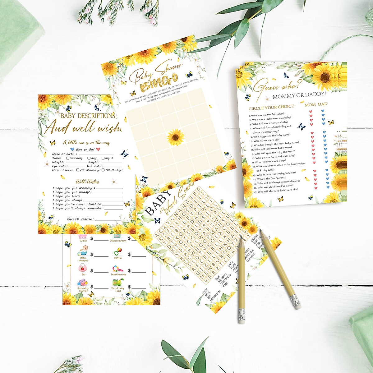 145 Pieces Sunflower Baby Girl Shower Game Set 5 Games 25 Sheets of Each with 20 Pencils Floral Baby Shower Games & Activities for Girl Includes Baby Descriptions and Wishes, Guess Who, Bingo Game