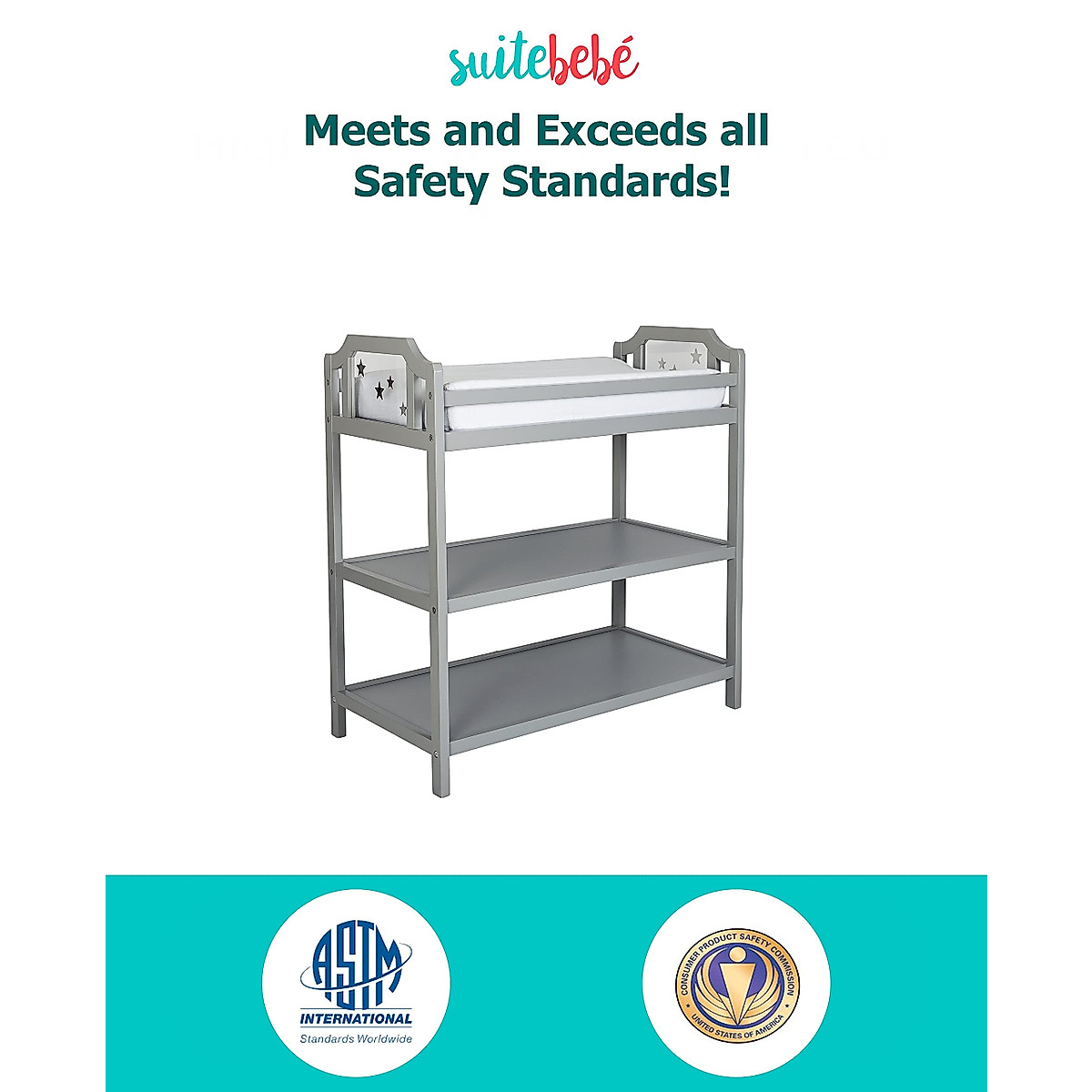 Suite Bebe Celeste Changing Table Safety Rail Included, Light Grey