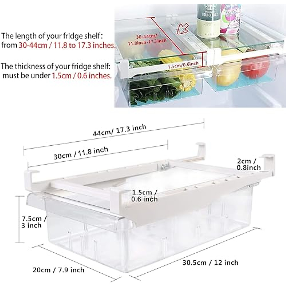 Colacoo Pull Out Fridge Drawer Organizer Refrigerator Drawer Organizer - Pull Out Fridge Shelf Storage Box Organizer with Handle for Egg Fruit Vegetable (Clear, No compartments)