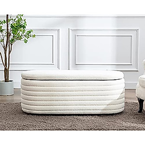 DM Furniture DM-Furniture Storage Ottoman Bench Upholstered Fabric Storage Bench End of Bed Stool with Safety Hinge for Bedroom, Living Room, Entryway (44.5-inch, White) (TN2436)
