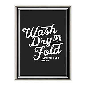 Kate and Laurel Sylvie Wash Dry and Fold Framed Canvas Wall Art by Maggie Price of Hunt and Gather Goods, 18x24 White, Retro Laundry Sign for Wall