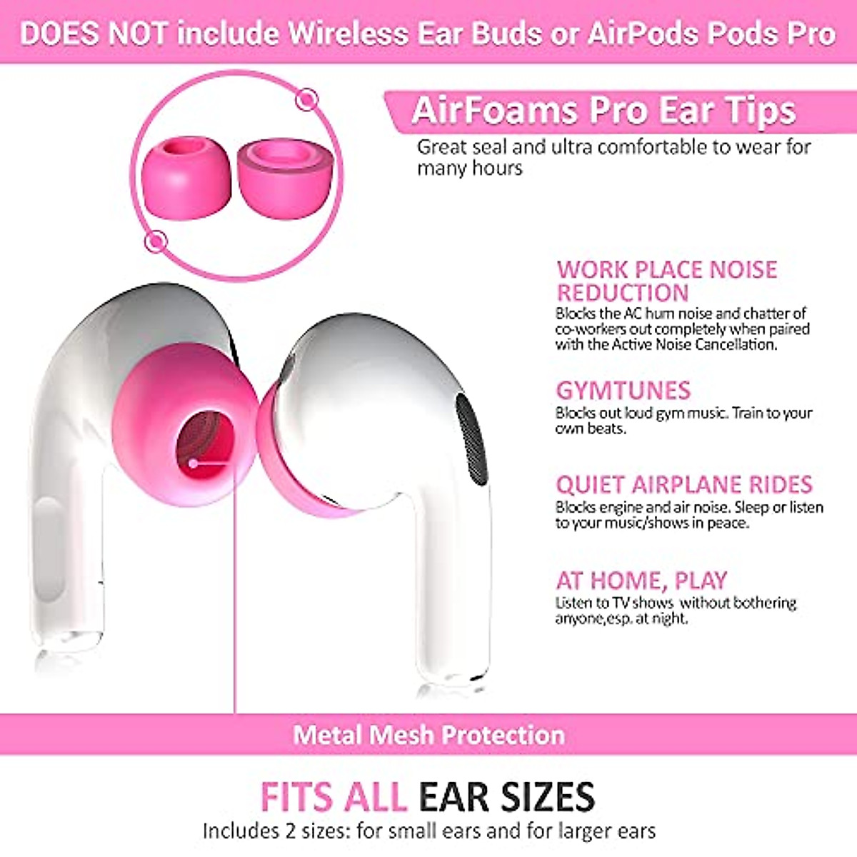 CharJenPro AirFoams Pro: Premium Memory Foam Ear Tips for AirPods Pro. Stays in Your Ears. No Silicone Ear tip Pain. The Original from Kickstarter. (2 Same Sizes) (2 Small/Medium, Hot Pink)