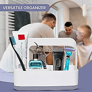 Cheer Collection Toiletry Organizer and Sponge Caddy, Countertop Organizer for Kitchen and Bathroom Sink with Removable Dividers and Drain Tray