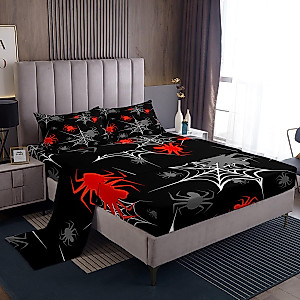 Red Black White Cobweb Sheet Set Full Size, Scary Halloween Decorations Bed Sheets Set Scary Spider Sheets with Deep Pocket Fitted Sheet Kids Toddler Red Black Gray Animal Bedding Set 4Pcs