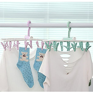 Ruoxian 2 Pieces Laundry Hanger Foldable Portable with Clips Drying Rack for Socks Lingerie Plastic Clothes Travelling (Purple+Green)