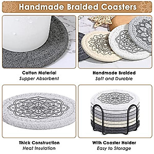 8 Pieces Coasters for Drink Absorbent, Billbotk Mandala Drink Coasters with Holder, Woven Coasters Set for Coffee Table, Wooden Table and Home Decor, 4.3 Inches