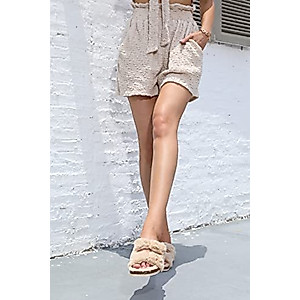 FITORY Womens Open Toe Slipper with Cozy Lining,Faux Rabbit Fur Cork Slide Sandals Beige Size 8