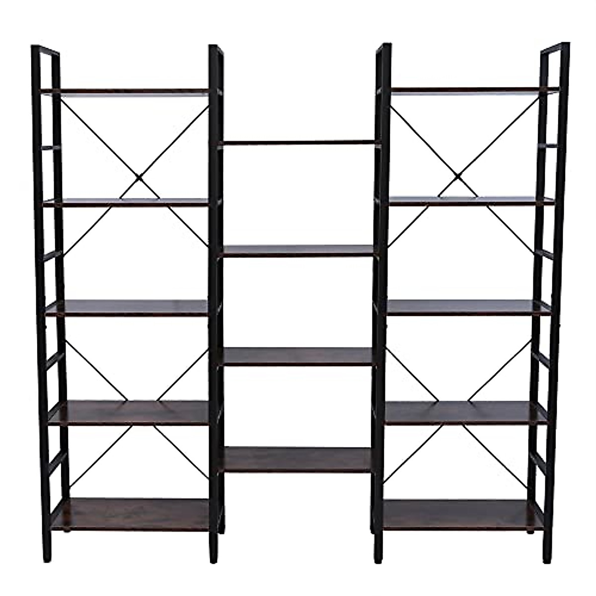 XMLYEC Triple Wide 5-Shelf Bookcase, Etagere Large Open Bookshelf Vintage Industrial Style Shelves Wood and Metal bookcases Furniture for Home & Office (Retro Brown)
