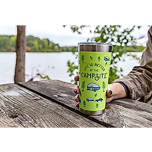 Camco Life is Better at The Campsite 20 oz. Printed Tumbler - Offers Superior Ice and Heat Retention - Features an RV Sketch Pattern on a Green Background (53321)