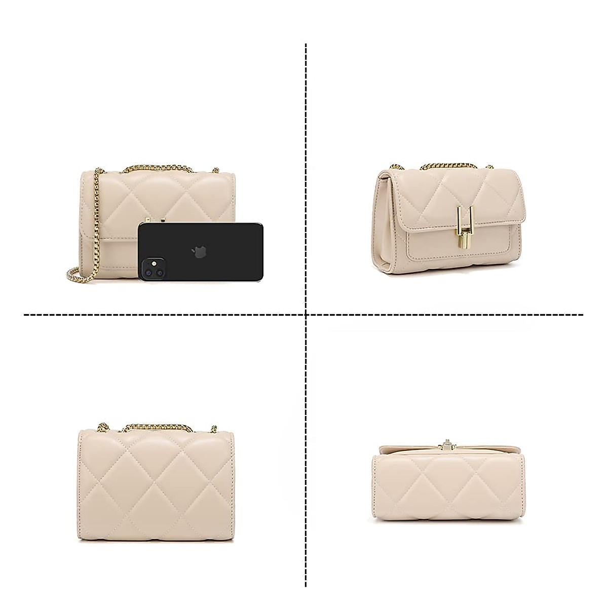 NW Crossbody Bags for Women Quilted Shoulder Purses and Handbags Lattice Texture with Chain Strap (Beige)