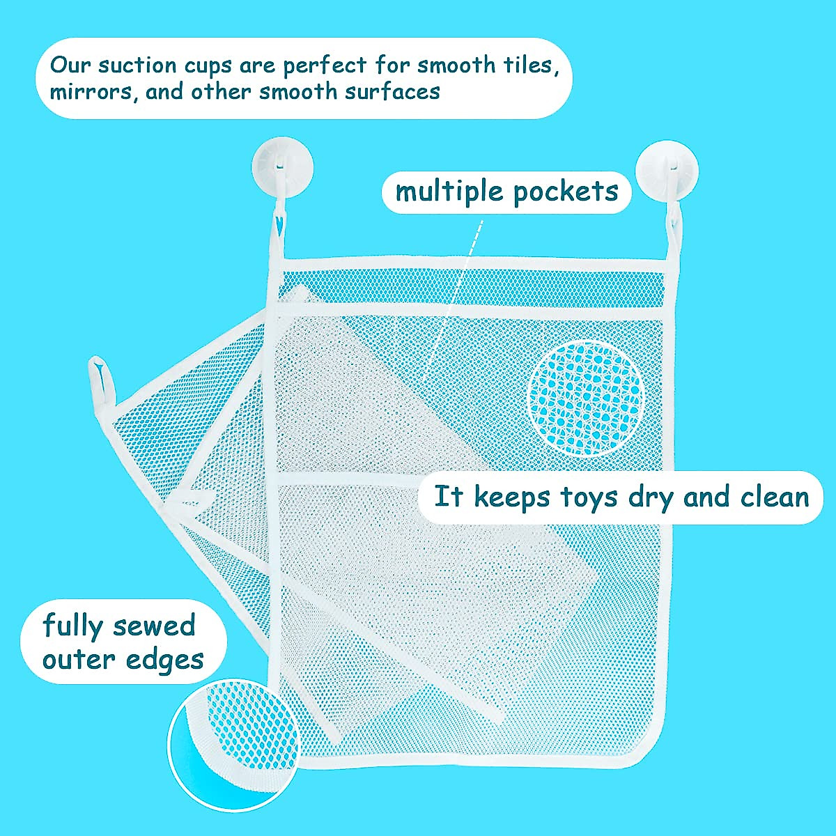 2 PCS Mesh Bathtub Toy Holder Bag, LEEFONE 18 x 14 Inch Bath Toy Organizer, 4 Ultra Strong Hooks, White