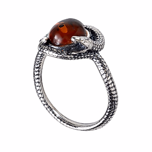 HolidayGiftShops GIA Certified Sterling Silver and Baltic Honey Amber Snake Adult Ring- size 9