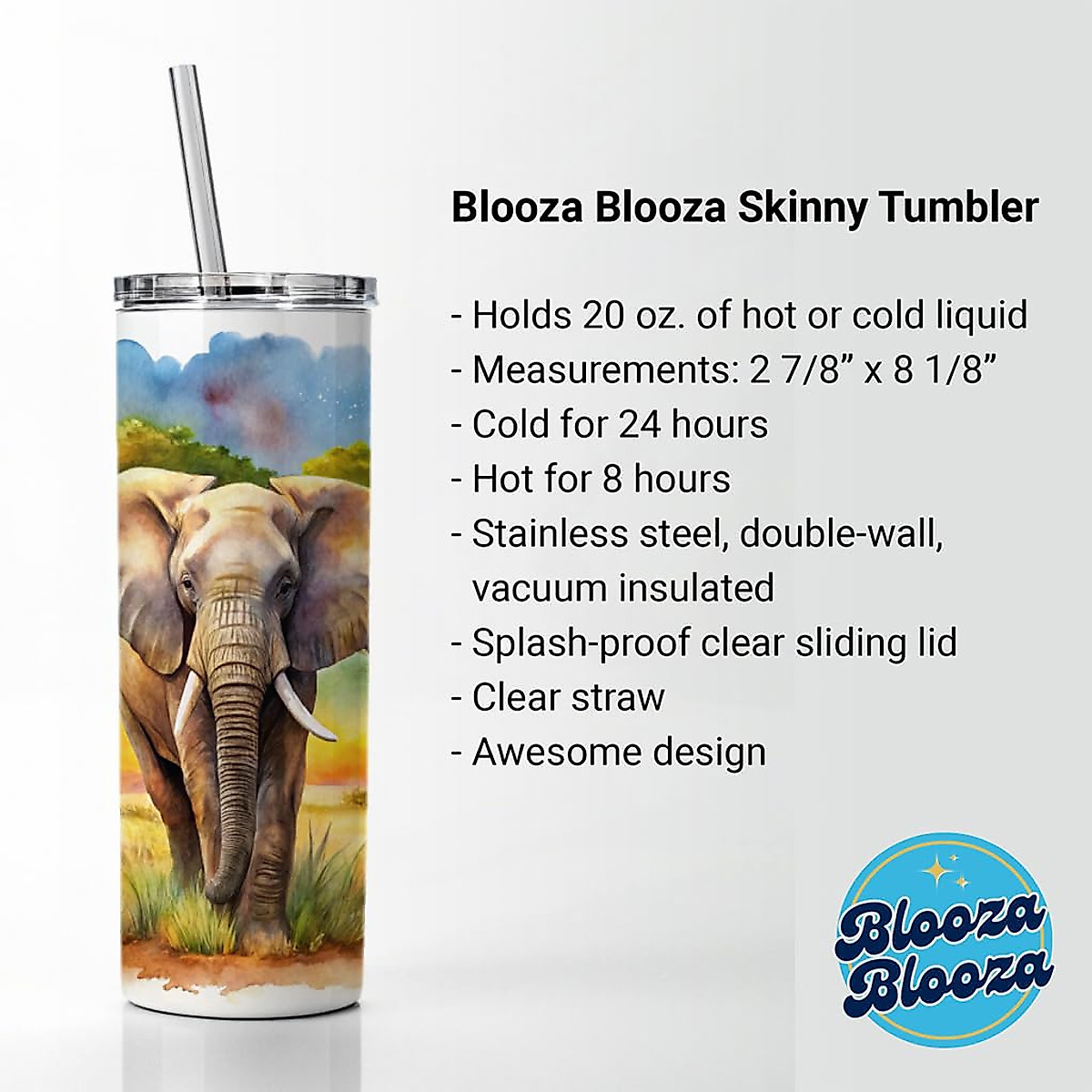 Elephant African Plain Watercolor Design Skinny Tumbler 20oz with Straw Insulated Water Bottle Gift