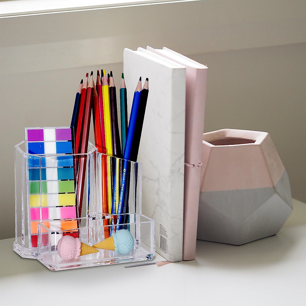 Clear Acrylic Pencil Pen Holder Cup, Desk Organizers and Accessories, Makeup Brush Holder 3 Compartments, Modern Minimalist Desktop Stationery Storage Organizer Cute for Office School Home Supplies