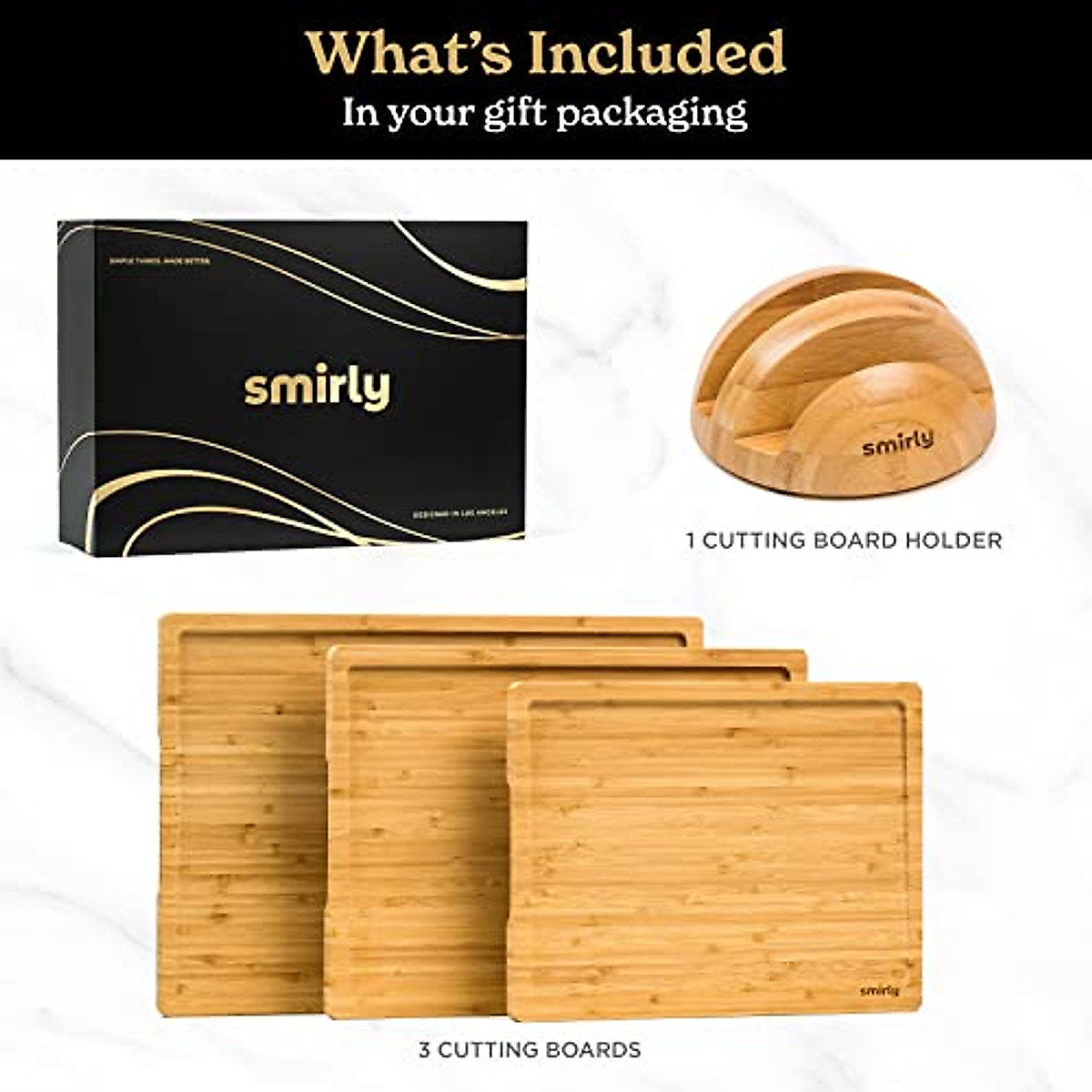 SMIRLY Wooden Cutting Boards for Kitchen - Bamboo Cutting Board Set, Chopping Board Set - Wood Cutting Board Set with Holder - First Apartment Kitchen Essentials, New Home Kitchen Accessories