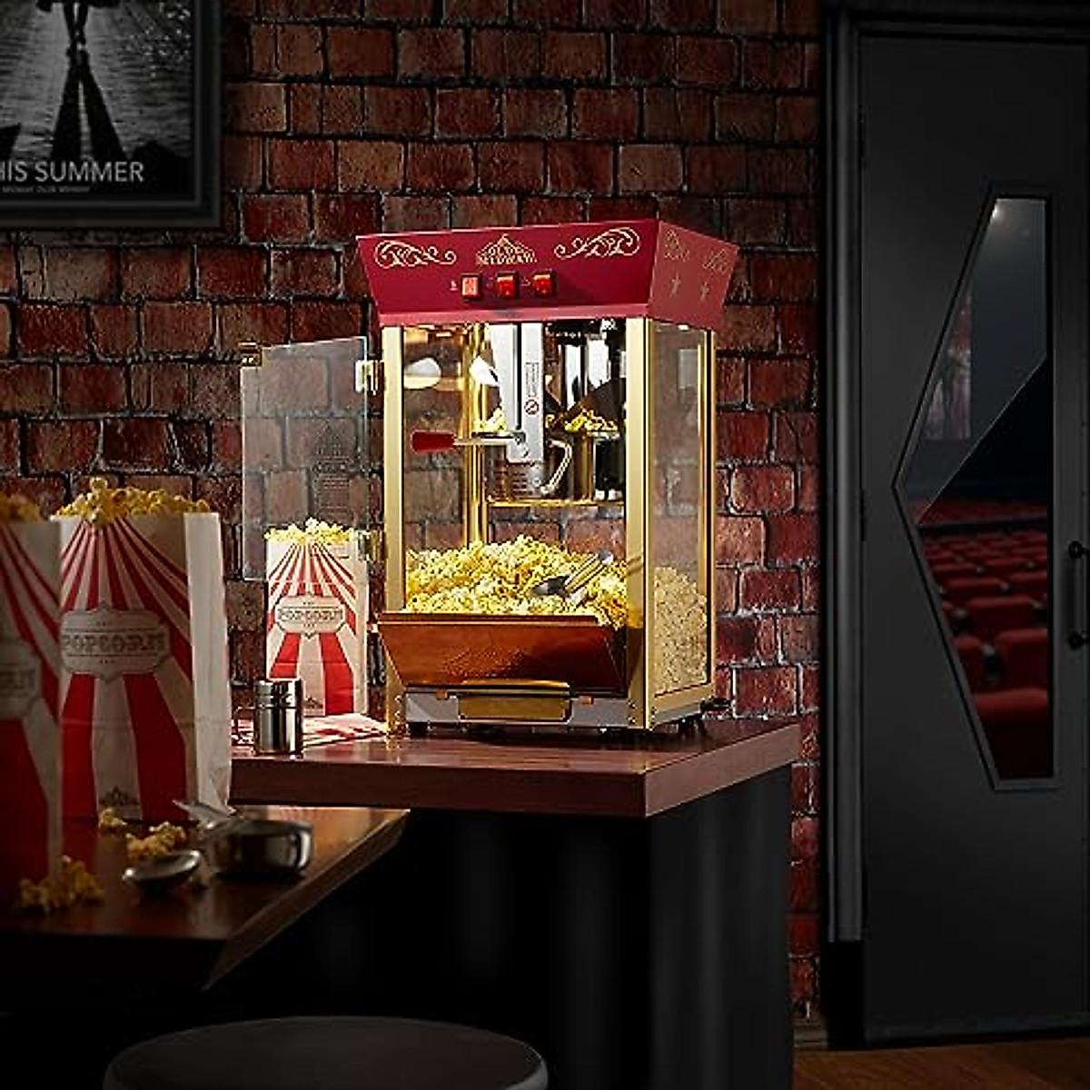 Olde Midway Movie Theater-Style Popcorn Machine Maker with 8-Ounce Kettle - Red, Vintage-Style Countertop Popper