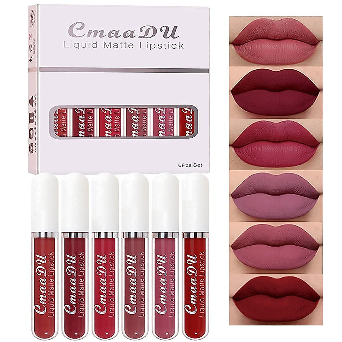 evpct CmaaDu 6Pcs Lipstick Matte Liquid Lipstick Lipgloss Set for Women, Dark Plum Wine Rose Mauve Red Nude Pink labiales mate 24 horas originales matte larga duracion 24 Hour Lipstick A-02