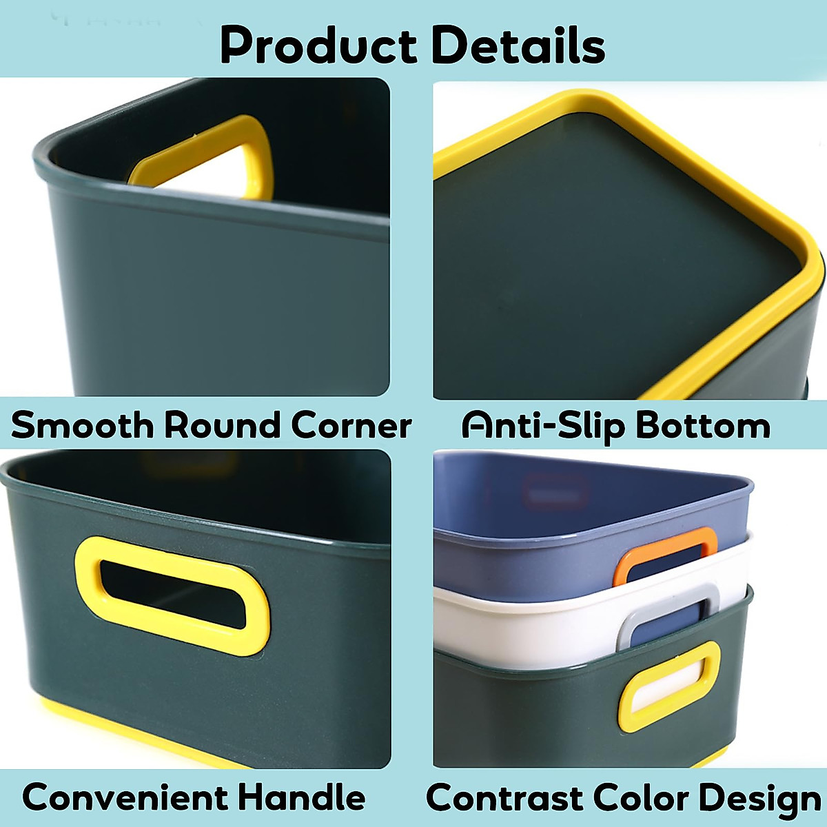 Youeon 3 Pack Plastic Storage Basket with Handle, 10 x 8 x 4 Inches Plastic Storage Bins, Plastic Storage Containers, Shelf Baskets for Laundry Room, Bedroom, Pantry, Office, Classroom