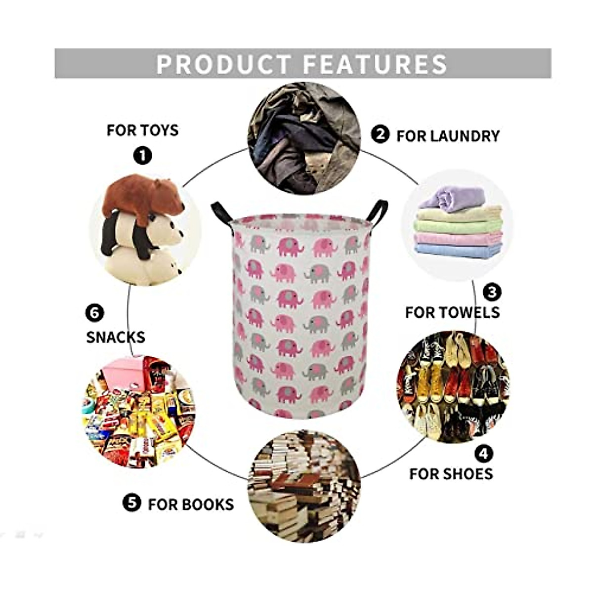 HUAYEE 19.7 Laundry Hamper Toys Box Storage Bins Canvas Waterproof Collapsible Clothes Organizer Basket with Handle Freestanding Large Cute Light Weight for Home Kids Baby Room(elephant)
