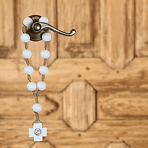Guardian Angel Door Knob Rosary with Large White Beading, Religious Keepsake Prayer Beads, 12.5 inches