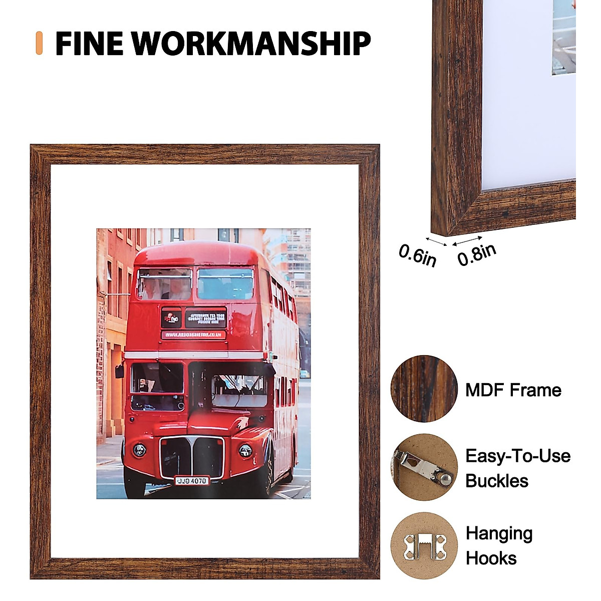 Fixwal 11x14 Picture Frame Set of 2, Display Pictures 8x10 with Mat or 11x14 without Mat, Rustic Brown Photo frame for Wall Mounting