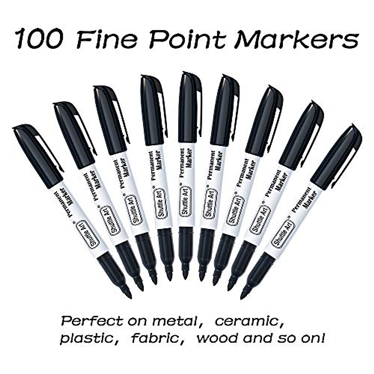 Permanent Markers,Shuttle Art 100 Pack Black Permanent Marker set,Fine Point, Works on Plastic,Wood,Stone,Metal and Glass for Doodling, Marking