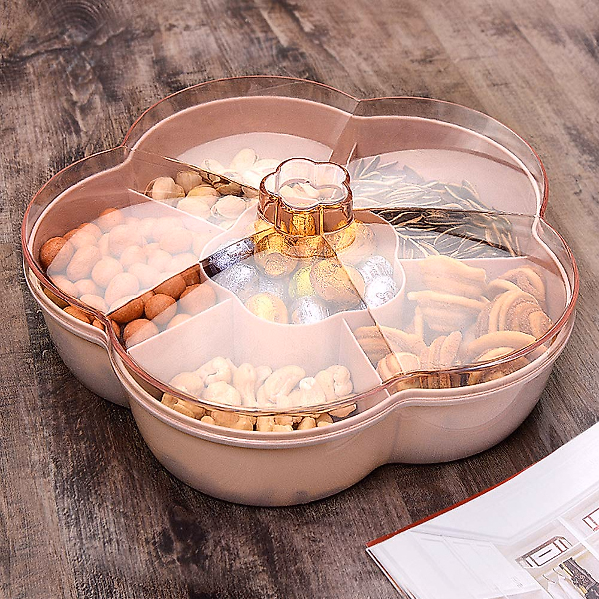 Flower Shaped Snack Serving Tray with Lid, Plastic Divided Serving Container with 6 Compartment, Food Storage Organizer for Candy, Nut, Dried Fruit, Perfect for Parties, Family