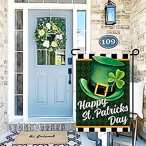 Happy St Patricks Day Garden Flag 12x18 Inch Burlap Double Sided Green Lucky Shamrock/Hat Sign Seasonal Small Flag Outdoor Decorations DF188