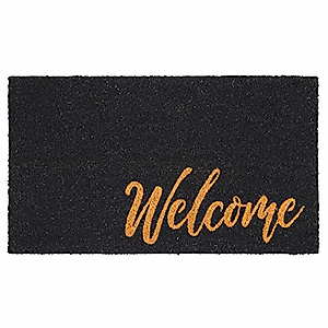 mDesign Non-Slip Rectangular Coir and Rubber Entryway Welcome Doormat with Natural Fibers for Indoor or Outdoor Use - Decorative Script Design - Black/Natural/Beige