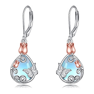 Moonstone Butterfly Earrings for Women 925 Sterling Silver Butterfly Rose Leverback Earrings Filigree Dangle Earrings Moonstone Jewelry Mothers Day Birthday Gifts for Mom