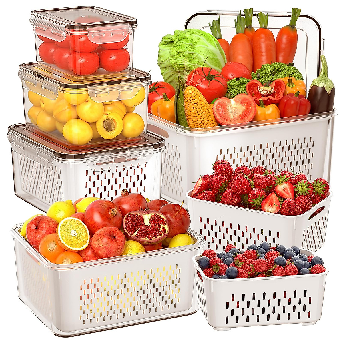 5 PCS Large Fruit Storage Containers for Fridge with Removable Colanders, Airtight Food Storage Containers with 5 Lids, 4 in 1 Produce Containers Keep Berry Fruits Vegetable Food Meat Fresh Longer