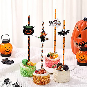 Hotop Halloween Party Supplies Includes 56 Disposable Paper Drinking Straws, 64 Halloween Pattern Cards & 100 Self Adhesive Dots, Pumpkin, Wave, Bat & Stripe Straws for Halloween Party Favors