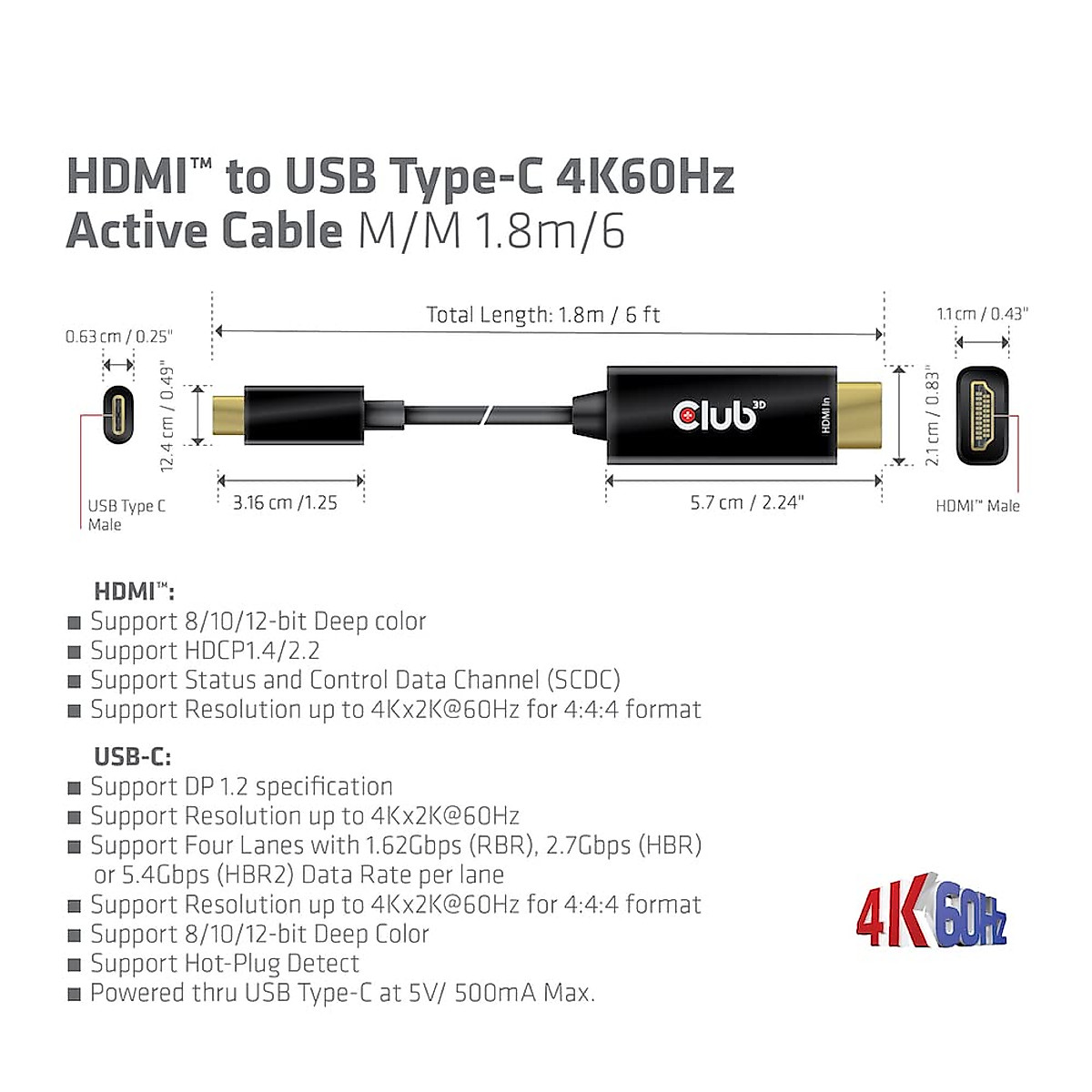 Club 3D CAC-1334 HDMI 2.0 to USB Type C 4K60Hz M/M Active Cable 1.8m-6ft