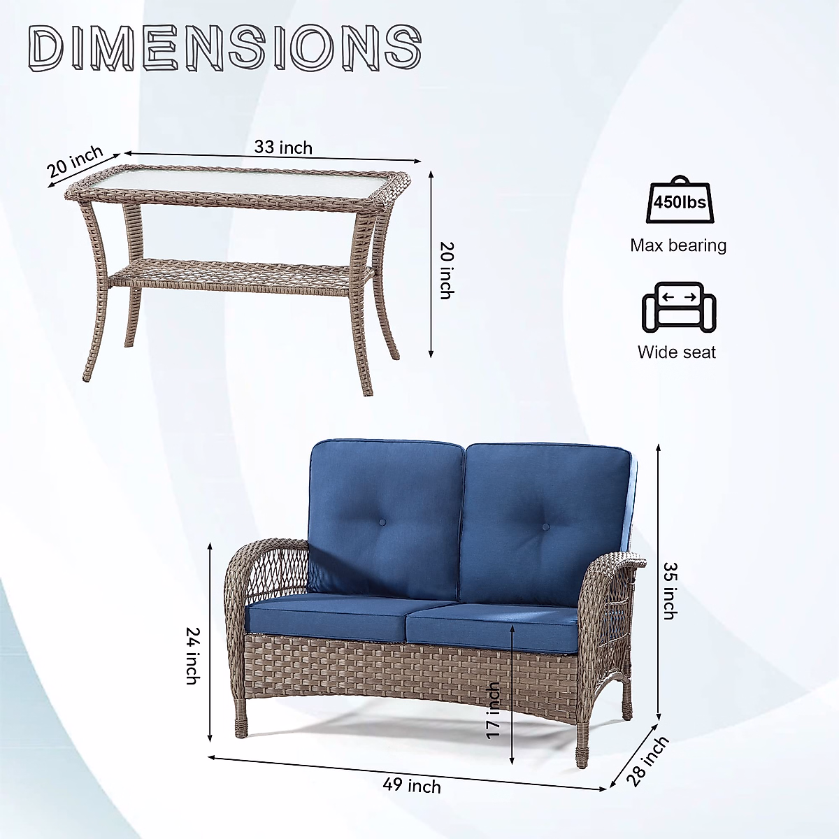 Joyside Patio Wicker Furniture Set - 2 Pieces Patio Conversation Set with One Love Seat & One Coffee Table, All Weather Resin Rattan Sofa & Table with Olefin Cushions for Patio(Brown/Blue)