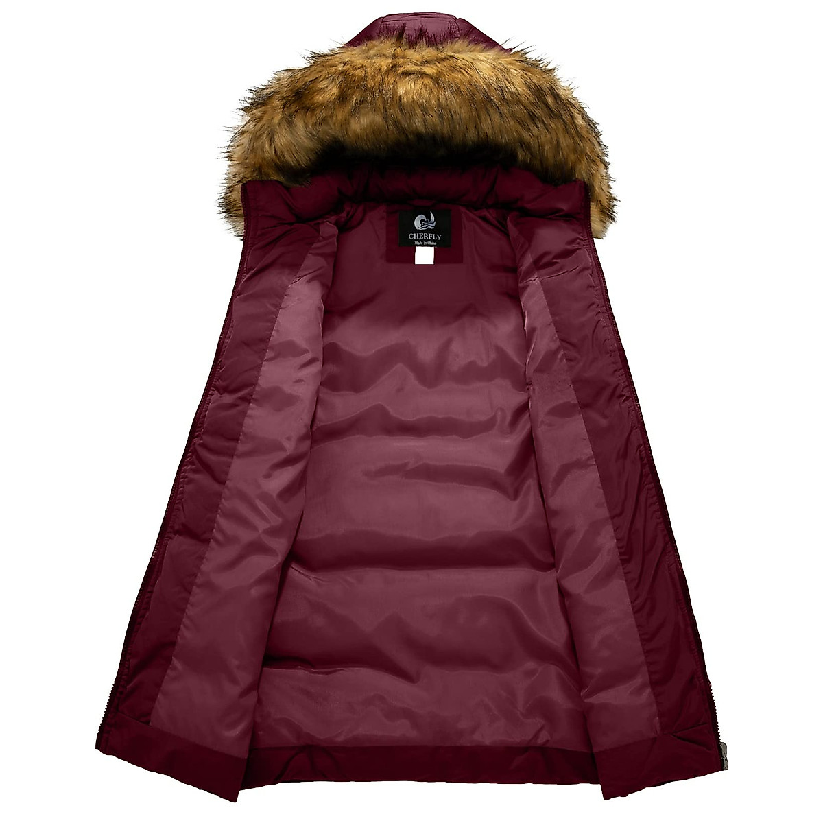CHERFLY Women's Winter Puffer Coat Heavy Warm Long Parka Down Jacket with Fur Hood,Wine Red,Large