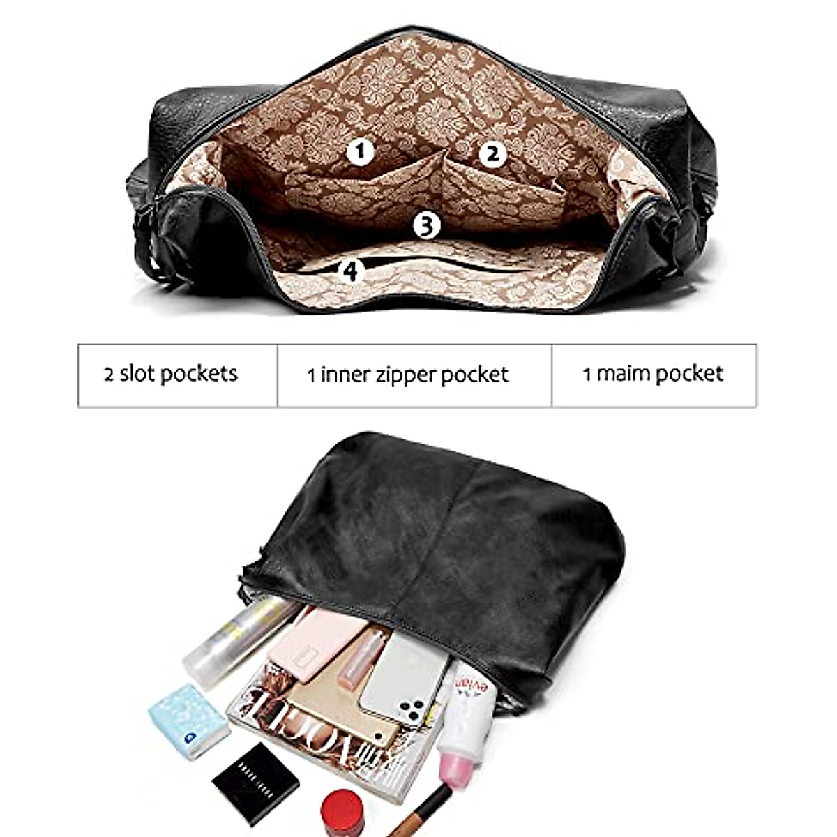 DOURR Hobo Bags for Women Faux Leather Hobo Handbags Ladies Shoulder Tote Bag Everyday Purse (Black - 2pcs)