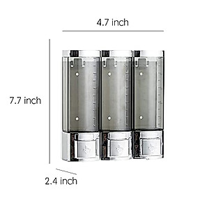 Shower Soap Dispenser 3-Chamber,Drill Free with Glue or Wall Mount with Screws Manual Hand 250ML Dispenser Shampoo Shower for Bathrooms (Chrome)