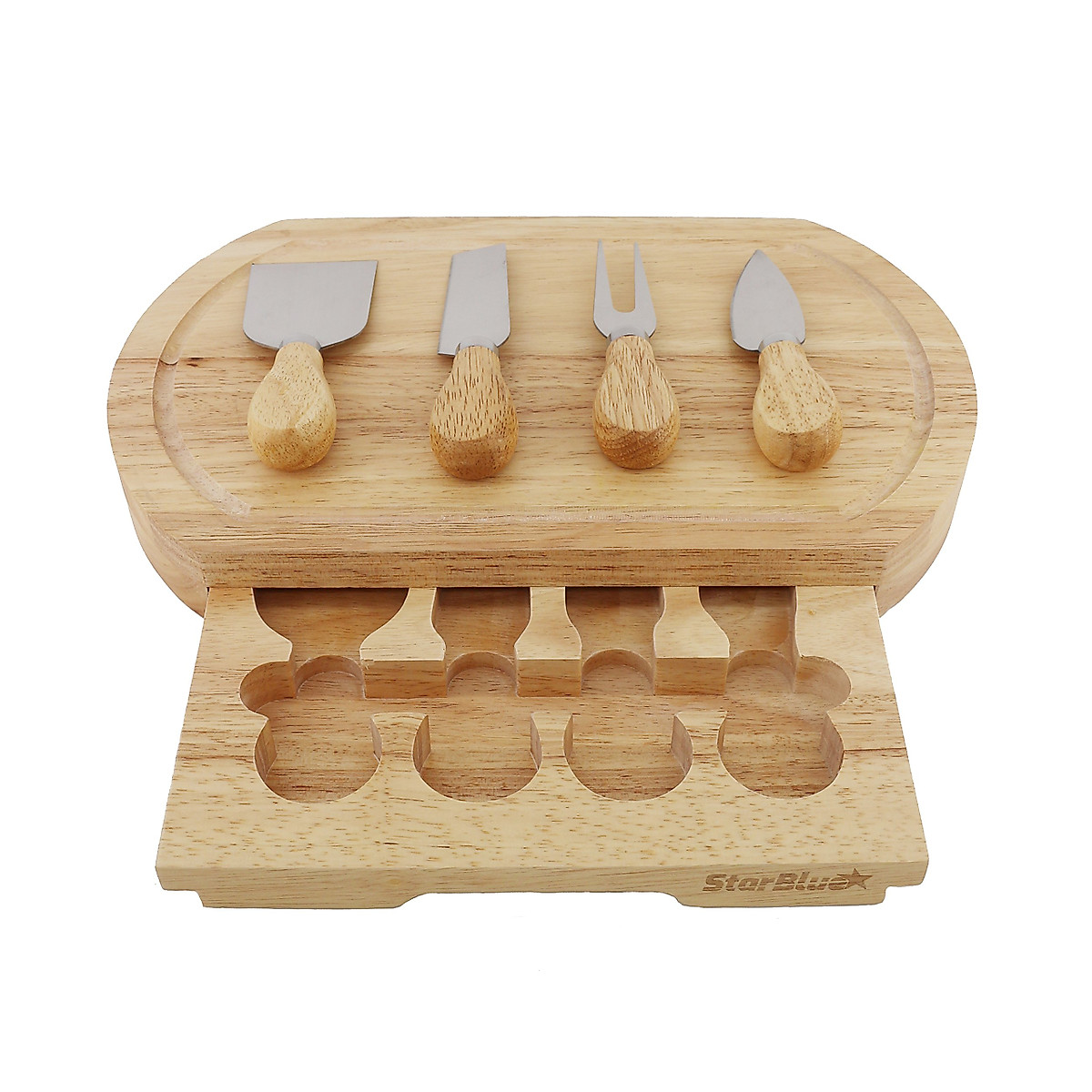 Cheese Board Set by StarBlue - with 4 Knives and Slide Out Drawer | Large Oak Wooden Cheese and Platter Cutting Serving Plate Tray | Best for Housewarming and Birthday Gift