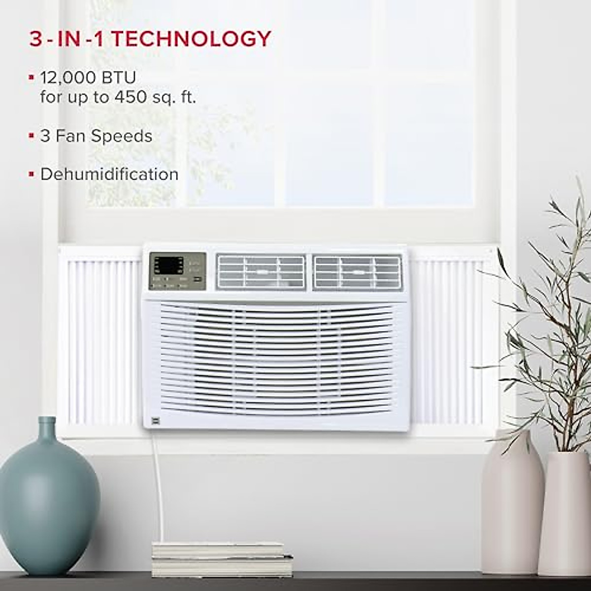 RCA 12,000 BTU 115V Window Mounted Air Conditioner & Dehumidifier with Remote Control, Window AC Unit for Apartment, Living Room, & Medium Rooms up to 450 Sq. Ft. in White