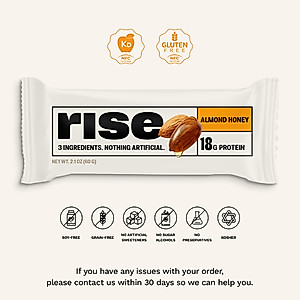 Rise Whey Protein Bars - Almond Honey | Healthy Breakfast Bar & Protein Snacks, 18g Protein, 4g Fiber, Just 3 Whole Food Ingredients, Non-GMO Healthy Snacks, Gluten-Free, Soy Free Bar, 12 Pack